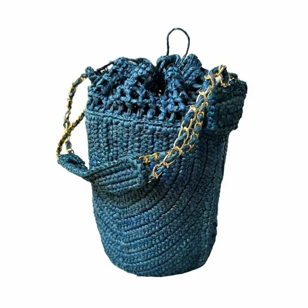 ZANATANY CONCEPTS Buckety Raffia Bucket Bag With Chain Strap - Blue