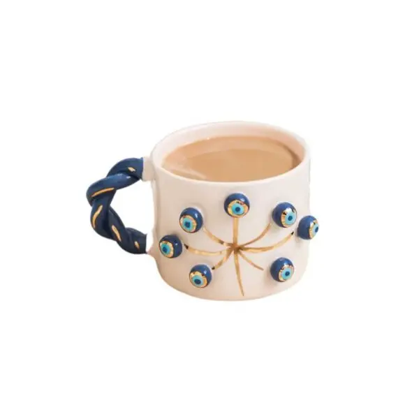 ANATOLIACRAFT White / Blue Evil Eye & Gold Accent Ceramic Mug - White/blue