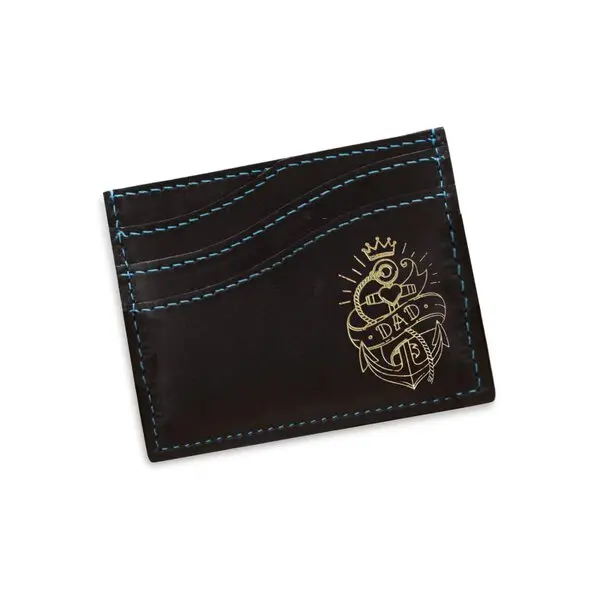 VIDA VIDA Leather Wave Card Holder With Contrast Blue Stitch Dad Tattoo Design - Black