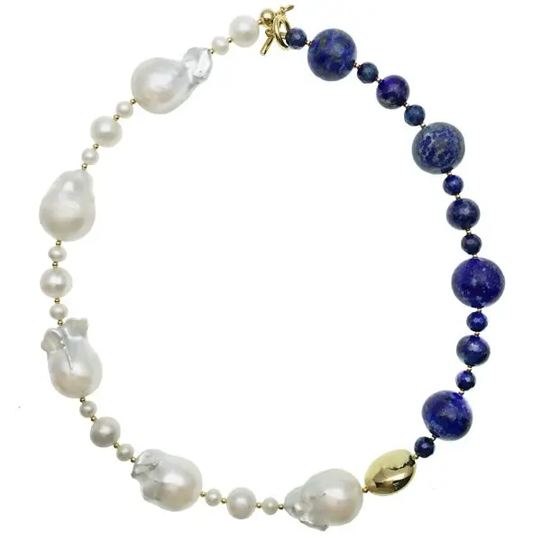 FARRA Baroque Pearls & Lapis Short Necklace - White/blue