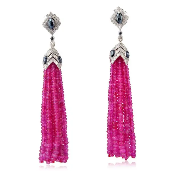 ARTISAN Ruby, Spinel, And Diamond Tassel Earrings In Silver And 18k White Gold - White/pink/black