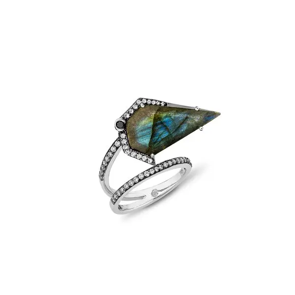 SALLY SKOUFIS Platinum Blade Ring With Black Diamond And Labradorite - Blue/green/silver