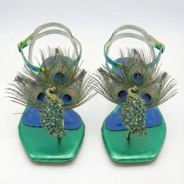 SIBYLLA DELPHICA Argus & Hera Peacock Feather Jeweled Leather Sandals - Green