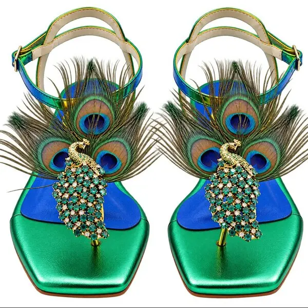 SIBYLLA DELPHICA Argus & Hera Peacock Feather Jeweled Leather Sandals - Green