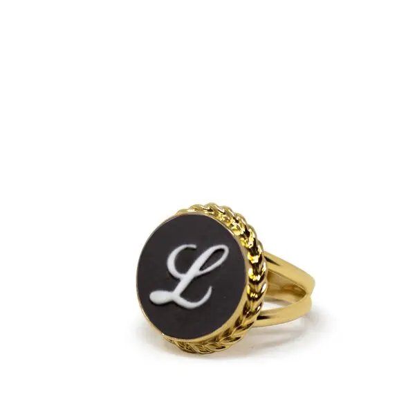 VINTOUCH ITALY Gold Vermeil Initial L Cameo Ring - Gold/black