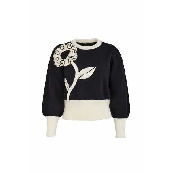 Saachi Ruffled Bloom Pullover Sweater - Black