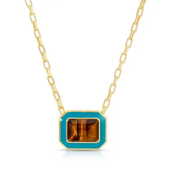 LEEADA JEWELRY Lamill Square Enamel Necklace With Tigers Eye And Turquoise - Gold/blue