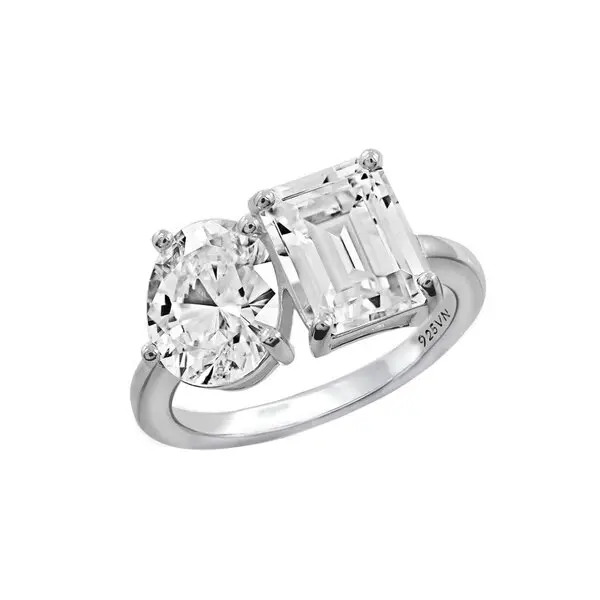 DIAMONBLISS Oval & Emerald Cut Two Stone Cocktail Ring - White