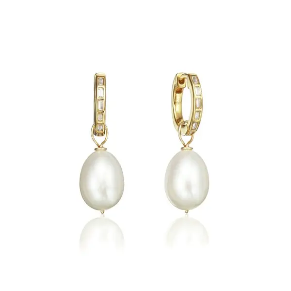 LILY & ROO Diamond Style Baguette Pearl Drop Hoop Earrings - Gold