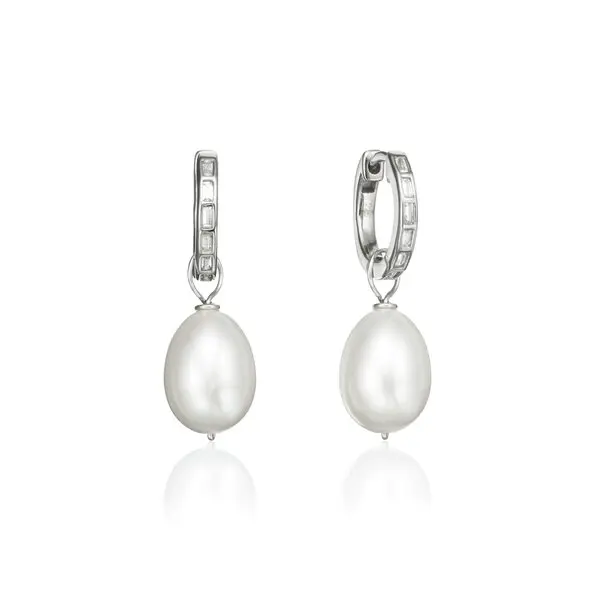 LILY & ROO Diamond Style Baguette Pearl Drop Hoop Earrings - Silver