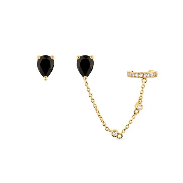SALLY SKOUFIS Stud And Ear Cuff Set With Black Diamonds - Black/gold