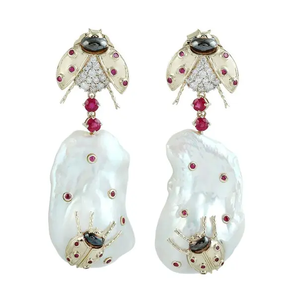 ARTISAN 14k Yellow Baroque Pearl, Ruby, And Diamond Ladybug Earrings - Gold