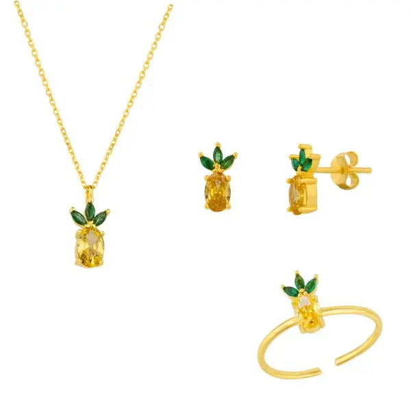 SPERO LONDON Pineapple Sterling Silver Necklace, Ring & Earring Set - Green/yellow/gold