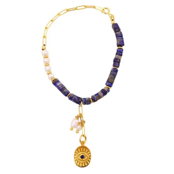 1610ISTANBUL Gemstone And Pearl Evil Eye Bracelet - Gold