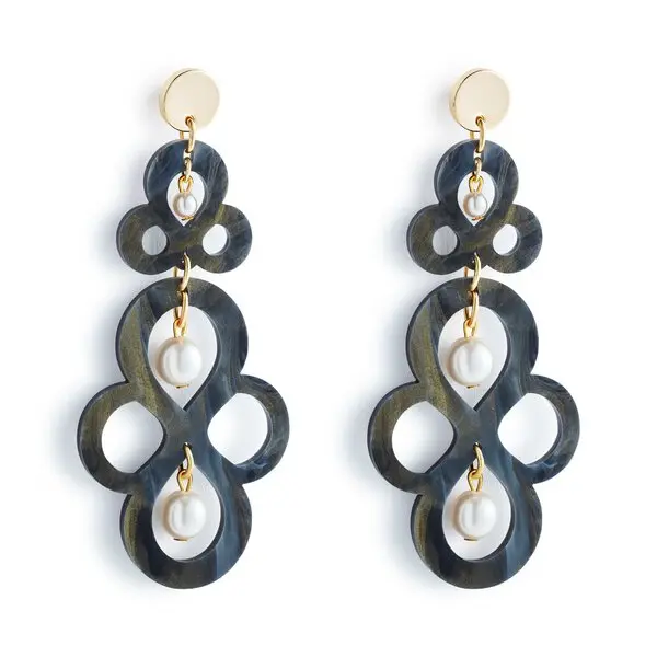 TOOLALLY Black Swirl And Pearl Drop Earrings - Black/gold
