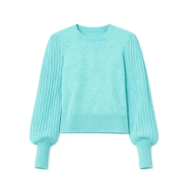 YUMI Sea Green Knitted Balloon Sleeve Jumper - Blue