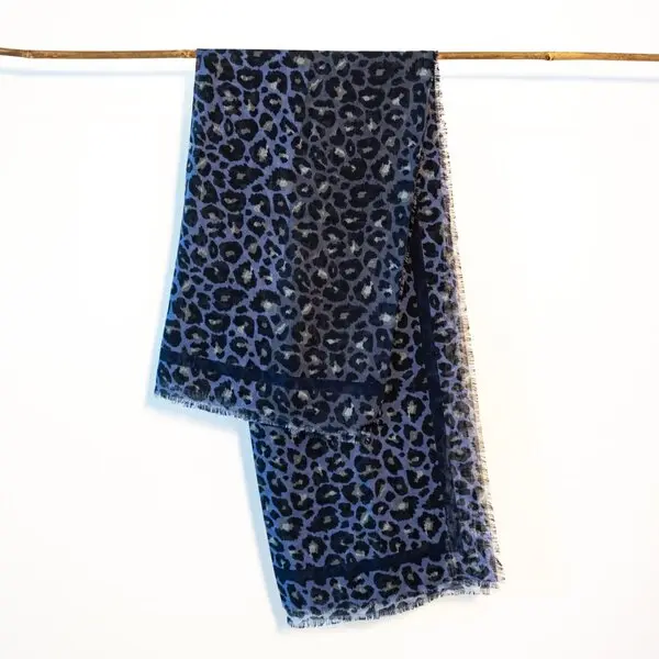 LAMBERTY MUNICH X KATCHMAGIC LONDON Snow Leopard Maxi Cube Silk & Wool Scarf - Blue