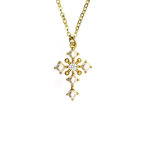 VICSTONENYC FINE JEWELRY Natural Diamond And Pearl Cross Necklace - Gold