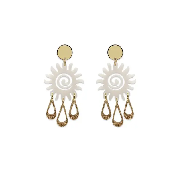 TOOLALLY White And Gold Sunburst Chandelier Earrings - White/gold