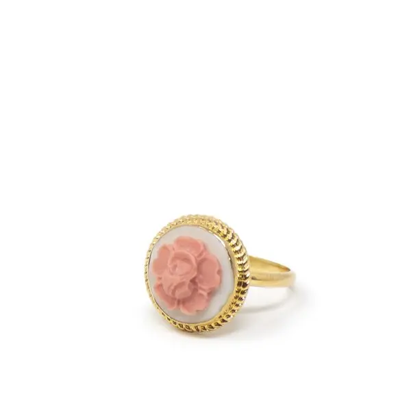 VINTOUCH ITALY Gold Plated Sterling Silver Blooming Rose Cameo Ring - Gold/white/pink