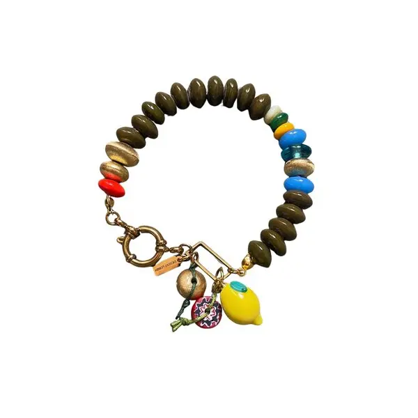 DESERT LOBBY Murano Glass And Brass Beaded Bracelet With Lemon Motif - Green/brown/yellow