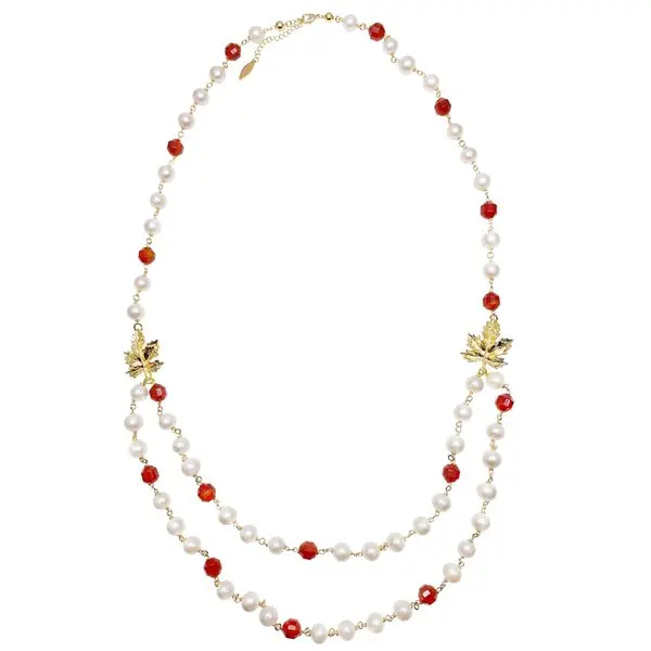 FARRA Freshwater Pearl Necklace With Agate And Maple Leaf Charm - White/red