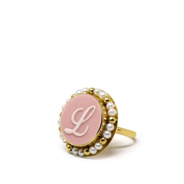 VINTOUCH ITALY Initial L Cameo Ring With Pearls - Pink/gold
