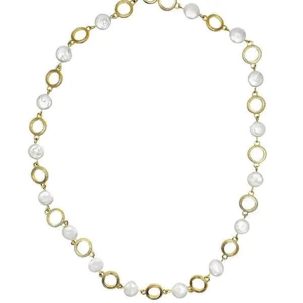 FARRA Chain Necklace With Coin-shaped Freshwater Pearls - White