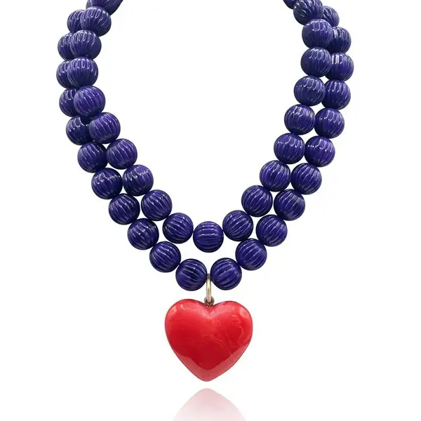 MICHAEL NASH JEWELRY Amour Carved Amethyst Bead Necklace With Coral Resin Heart Pendant - Orange/purple