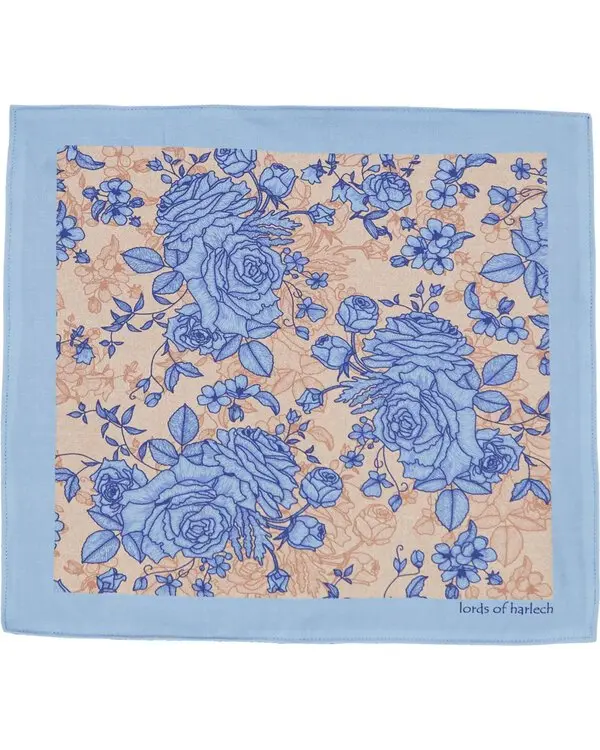 LORDS OF HARLECH Neutrals / Hudson Roma Floral Merino Handkerchief Pocket Square Sand - Blue