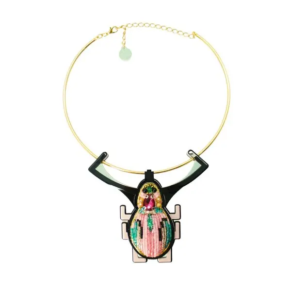 GISSA BICALHO Scarab Embroidered Necklace - Pink/black