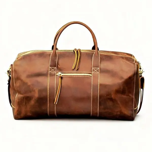 TOURI Genuine Leather Duffle Travel Bag - Brown