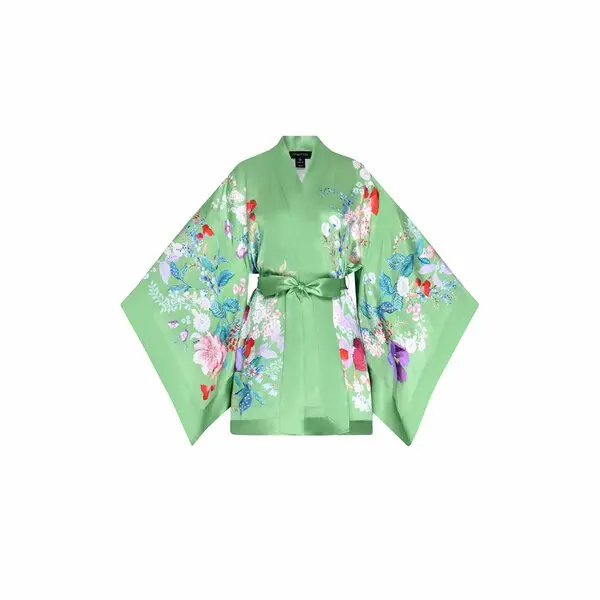 MENG Paris Watercolour Flowers Silk Satin Short Kimono - Green