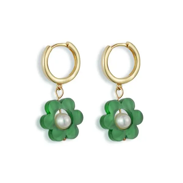 TOOLALLY Flower Pearl Huggie Earrings - Gold/green