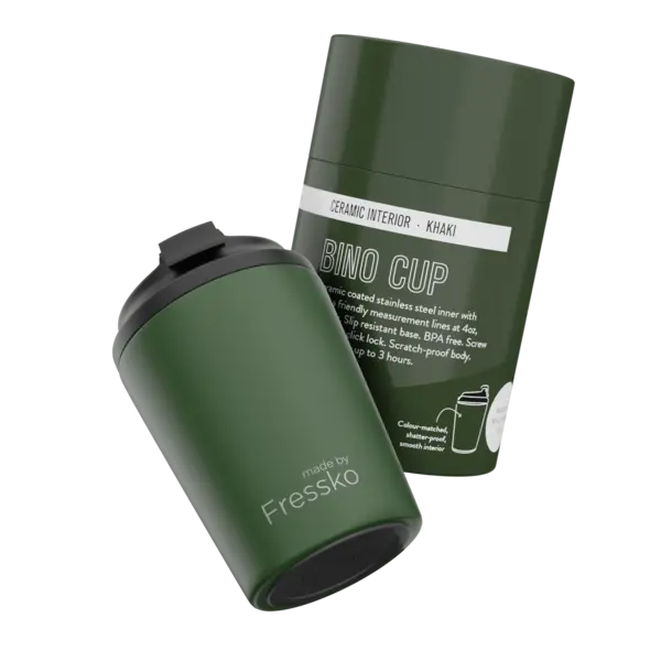 FRESSKO Bino 8oz / 227ml Reusable Coffee Cup, Ceramic Khaki - Green