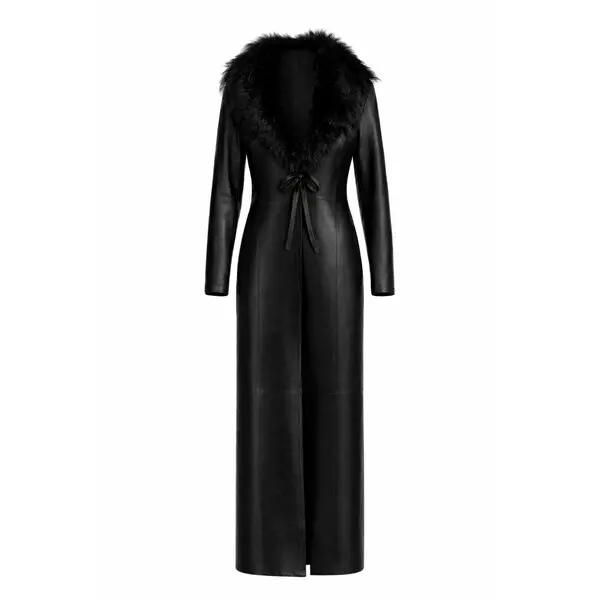 HEIRA LEATHERWEAR Fur Collar Lambskin Leather Trench Coat