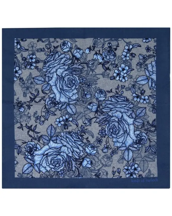 LORDS OF HARLECH Hudson Roma Floral Merino Handkerchief Pocket Square Flannel - Grey