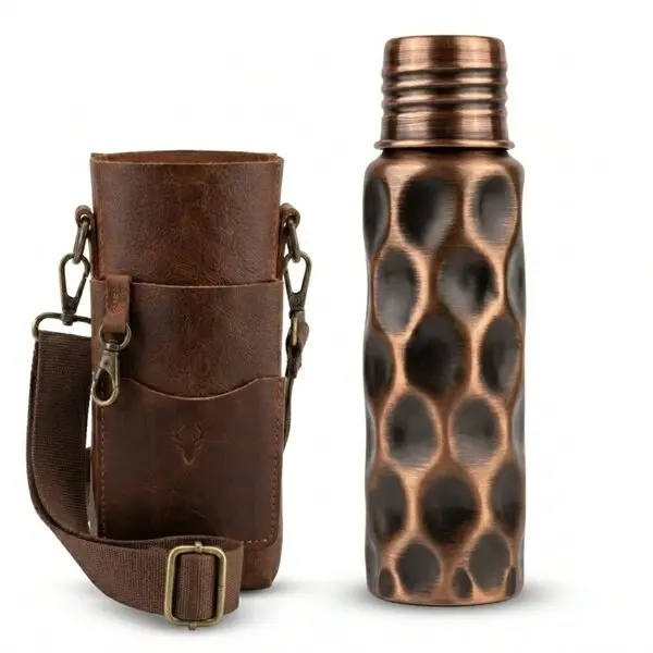 ANATOLIACRAFT Hammered Copper Water Bottle & Genuine Leather Carrying Bag Set Bronze - Brown