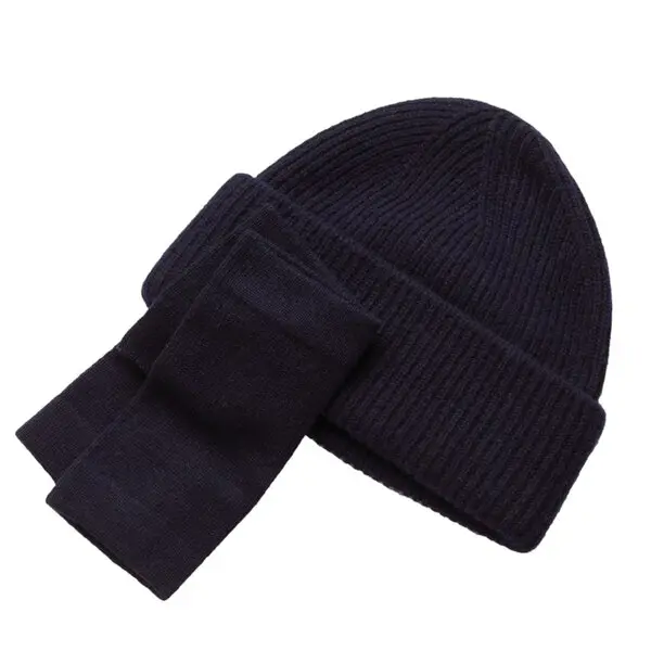 COVE Cashmere Ribbed Beanie And Wrist Warmer Set - Blue