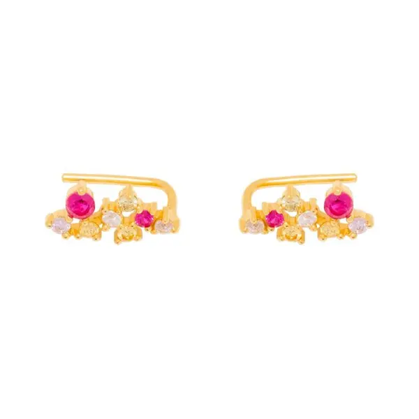 LAVANI JEWELS Gold Plated Jasmine Flower Climber Earrings With Quartz, Onyx, And Chalcedony - Gold/rose Gold/white