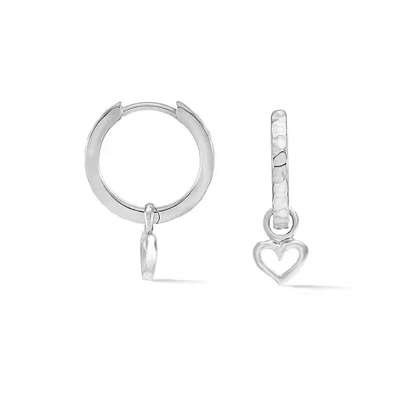 DOWER & HALL Hammered Heart Charm Huggie Hoops - Silver