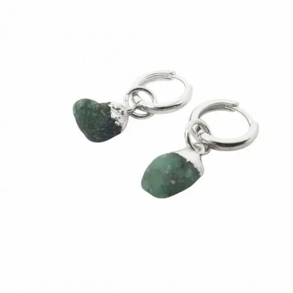 HARFI Raw Emerald May Birthstone Sterling Huggie Earrings - Silver