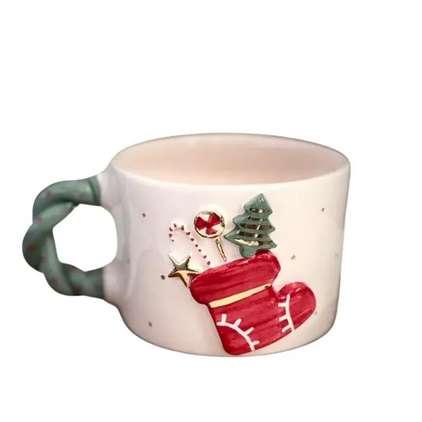 ANATOLIACRAFT Handcrafted Christmas Stocking Ceramic Mug With Gold Detailing & Festive Charm - Red