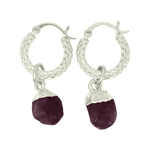 HARFI Raw Ruby Huggie Hoop Earrings - Silver