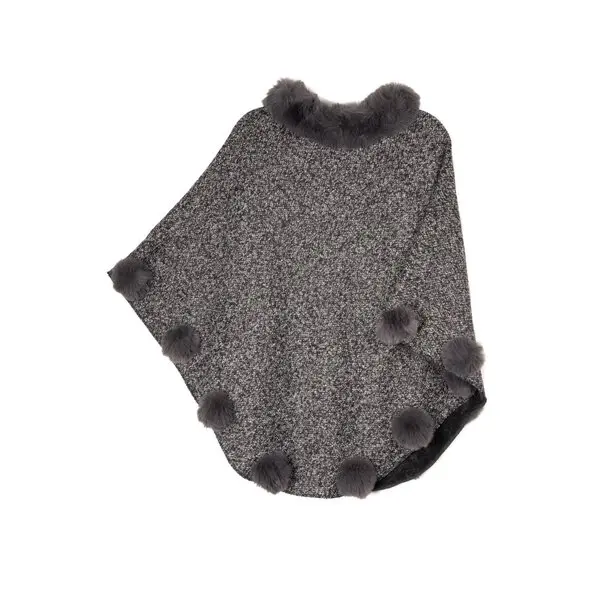 Saachi Faux Fur Trimmed Pom Pom Poncho - Grey