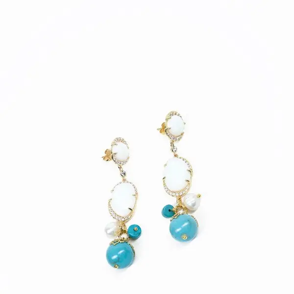 ADDICTED2 Demetra Drop Earrings With Pearl, Zirconia, And Cat’s Eye - Gold/white/blue