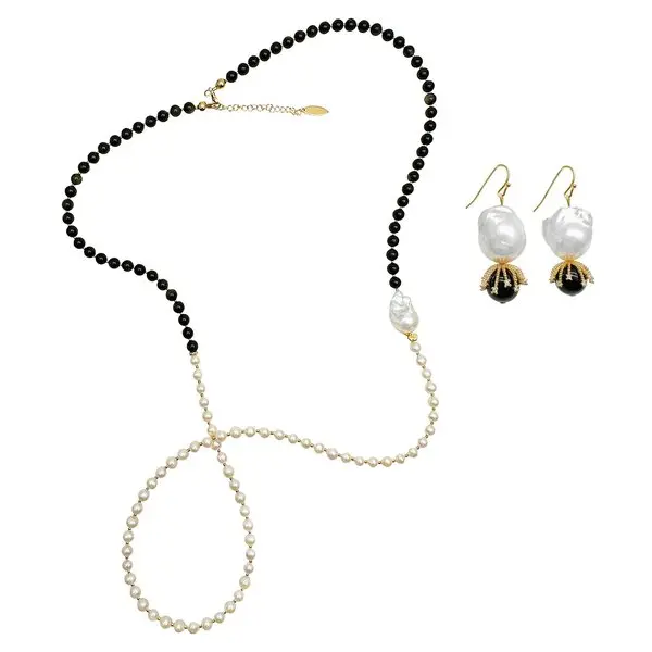 FARRA Obsidian And White Freshwater Pearls Jewelry Set - Black