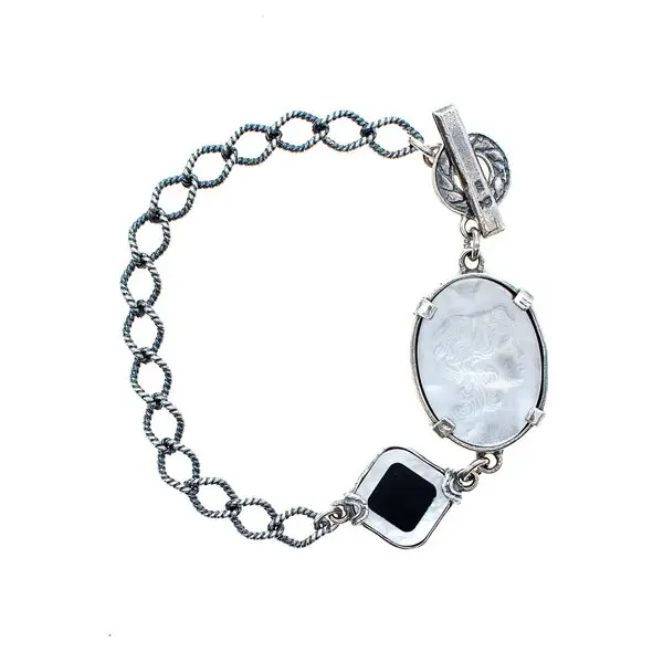 GEM KINGDOM Sterling Silver Link Bracelet With Mother Of Pearl And Onyx - Silver/white/black