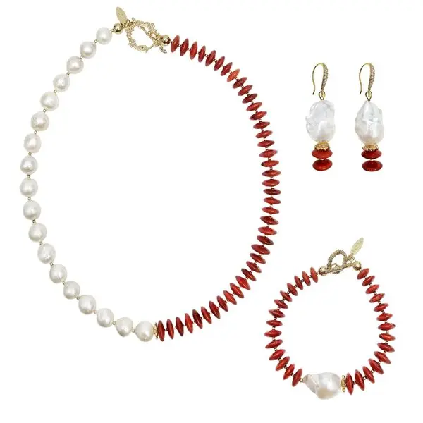 FARRA Bamboo Coral And Pearl Necklace Set - Red