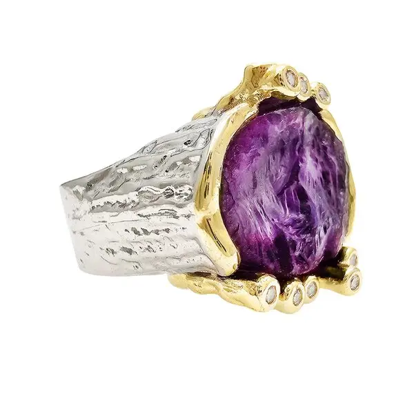 FARRA Unpolished Amethyst Platinum Ring - Purple